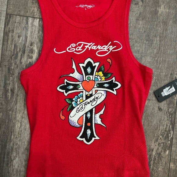 Ed Hardy | Tops | Ed Hardy Red Tank With Cross And Heart Design 32 Bust ...